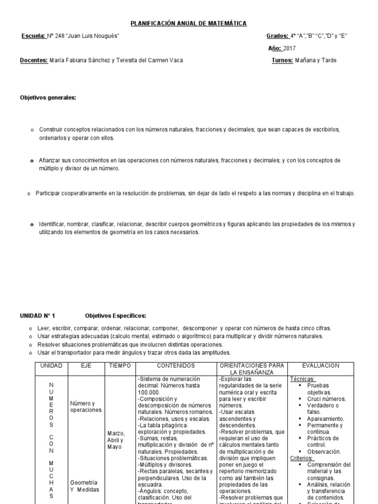 Planificación Anual De Matemática 2017 Pdf Números Decimal 3469