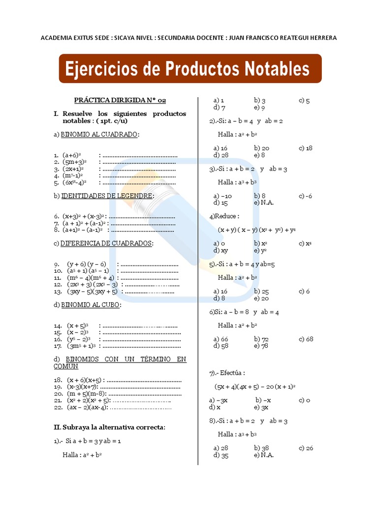 Práctica de Álgebra: Productos Notables y Problemas de Simplificación | PDF