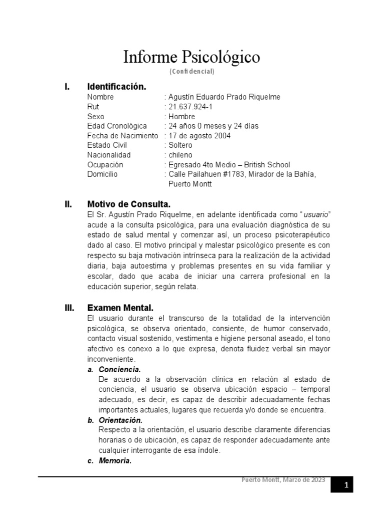 Informe Psicológico (Agustín Prado Riquelme) | PDF | Sicología | Psicoterapia