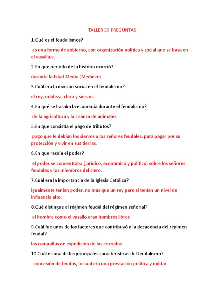 Taller 30 Preguntas (El Feudalismo) | PDF