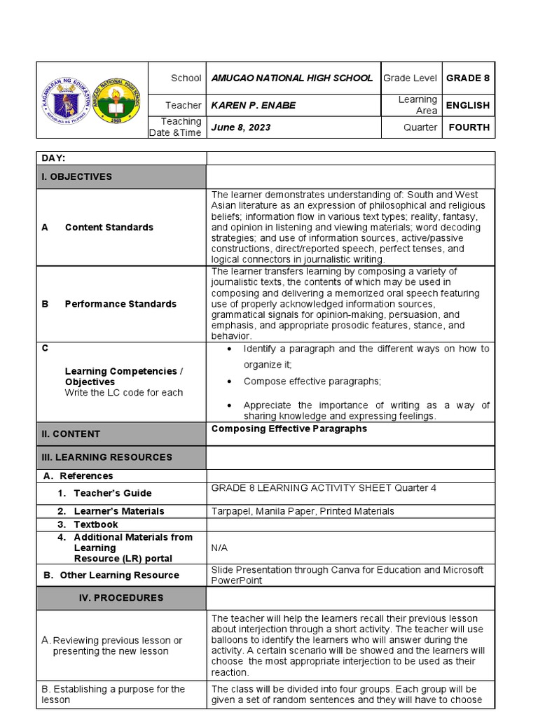 Detailed-Lesson-Plan_Composing Effective Paragraphs | PDF