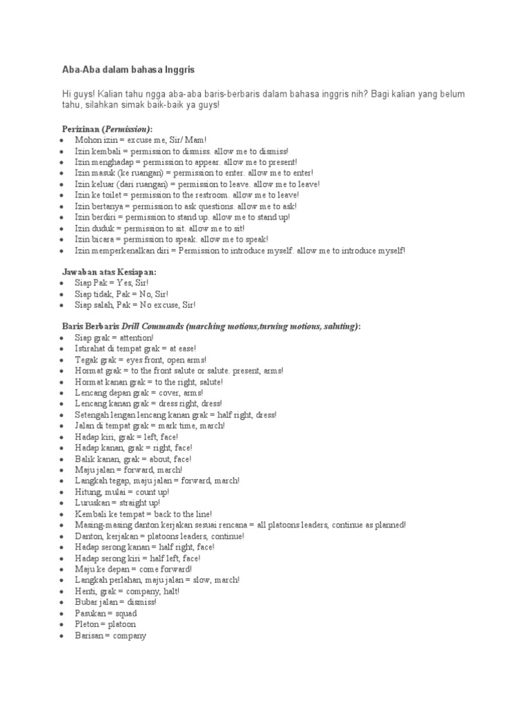 Aba-Aba Dalam Bahasa Inggris | PDF
