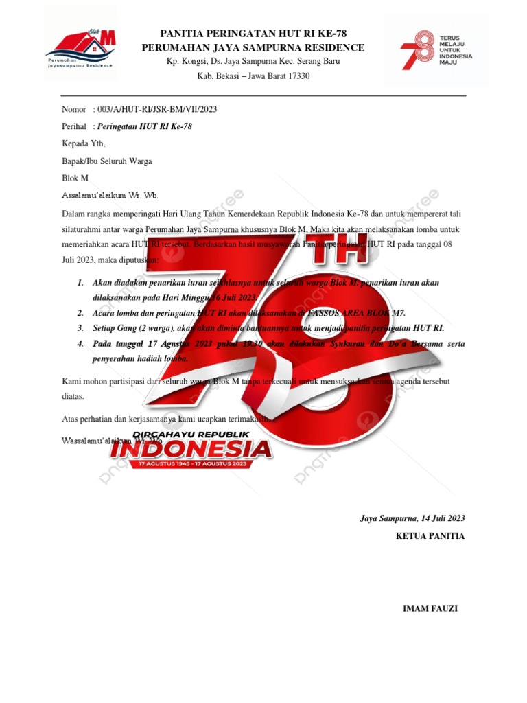 Surat Pemberitahuan Pelaksanaan Hut Ri Ke-78 | PDF