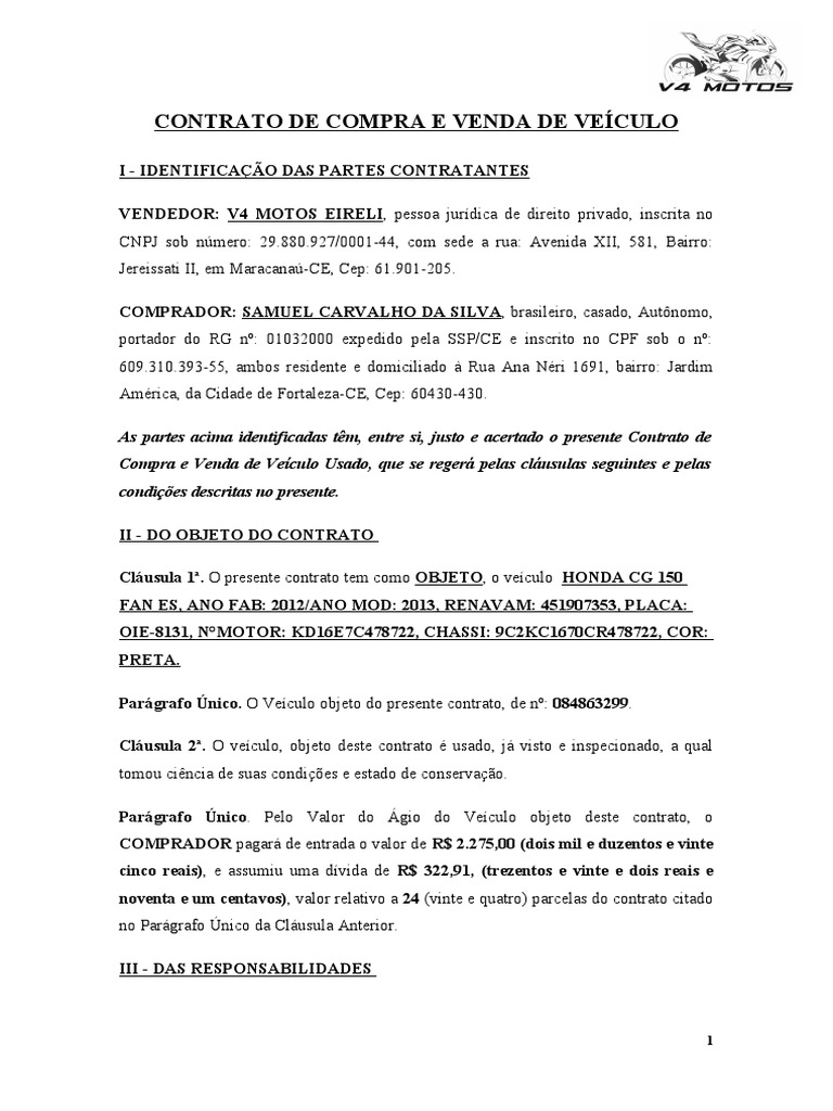 Contrato de Compra e Venda de Veiculo | PDF