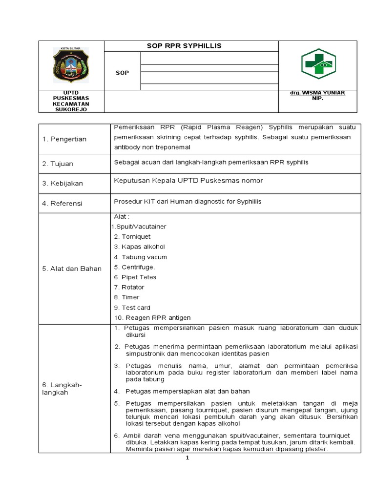 Sop Pemeriksaan RPR Syphillis | PDF