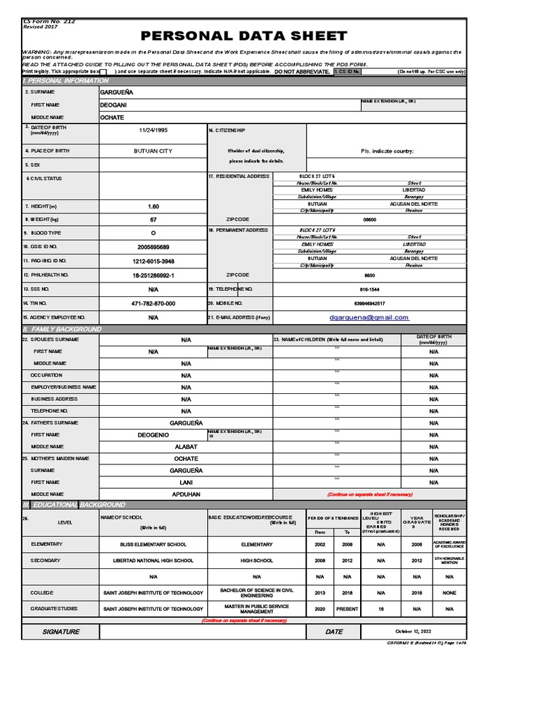 Personal Data Sheet | PDF
