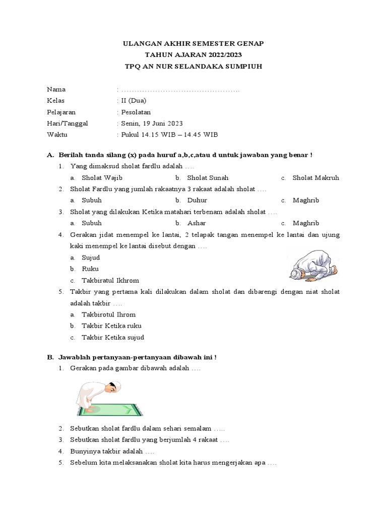 Soal Ulangan Akhir Semester Genap TPQ Annur Selandaka Kelas 2 | PDF