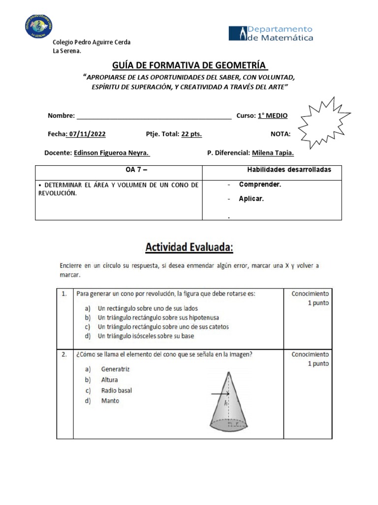 Guía Evaluada de Área y Volumen de Un Cono | PDF