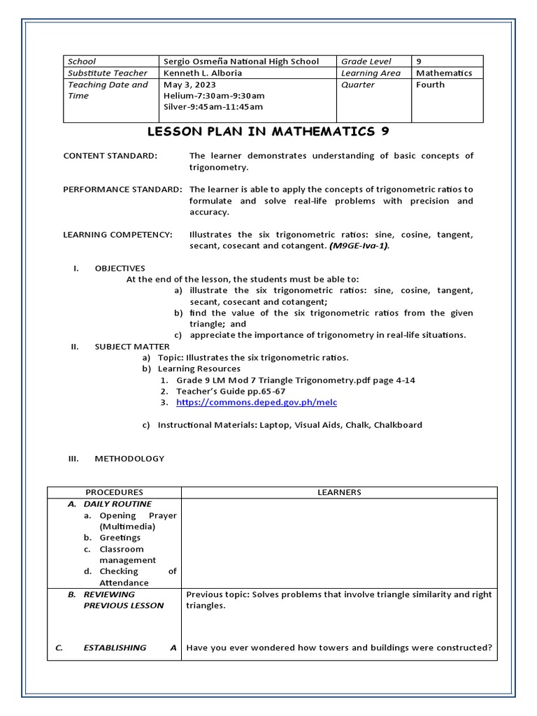 Grade 9 Trigonometry Lesson Plan | PDF | Trigonometric Functions ...
