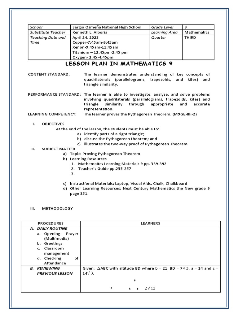 Lesson Plan - April 24,2023-Proof of Pythagorean Theorem | PDF