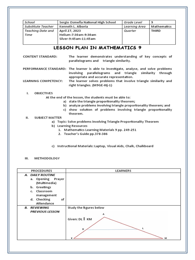 Math Lesson Plan: Triangle Proportionality | PDF