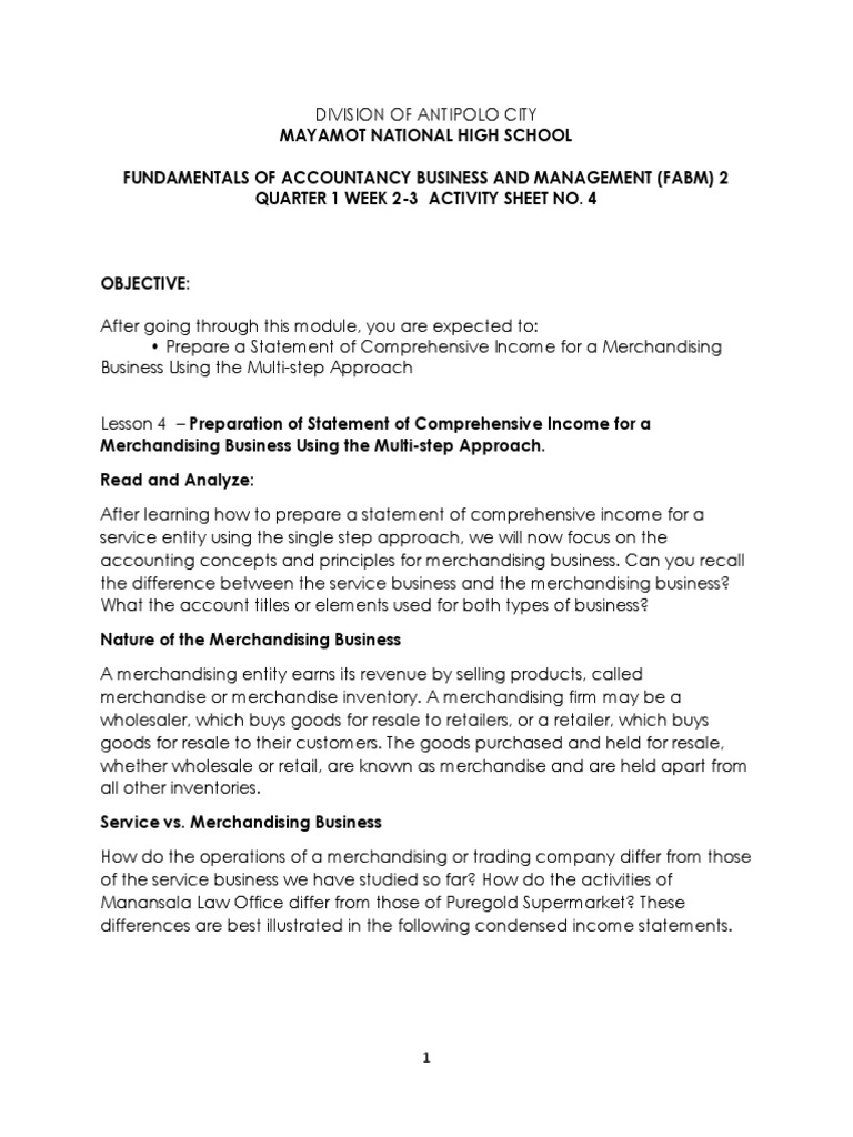 FABM2 Quarter 1 Week 2 3 Activity Sheet 4 | PDF | Income Statement ...