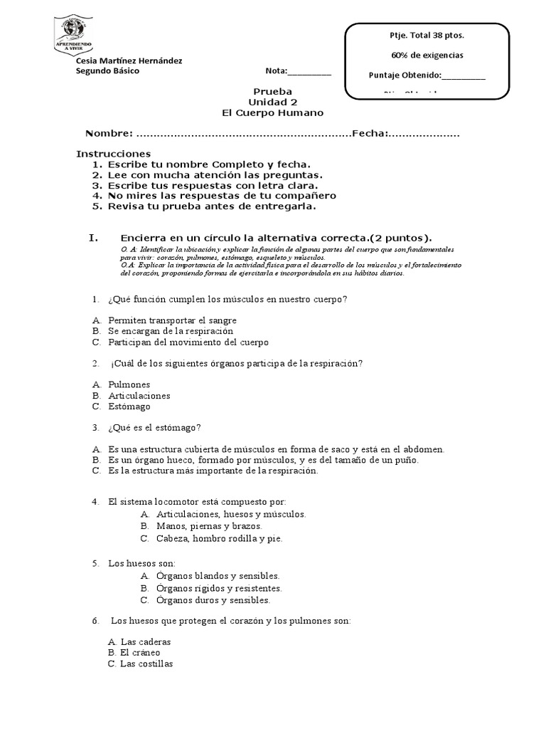Prueba de Ciencias Unidad 2 El Cuerpo. | PDF | Esqueleto | Corazón