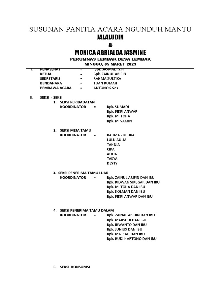 SUSUNAN PANITIA ACARA NGUNDUH MANTU | PDF