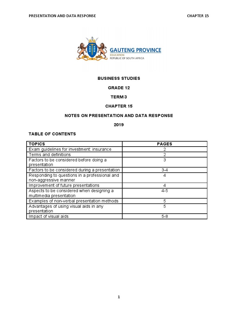 Chapter 15 Business Studies Grade 12 Notes On Presentation and Data ...