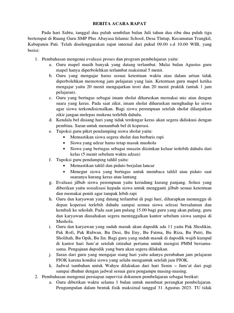 Notulensi Rapat Internal 29 Juli 2023 | PDF