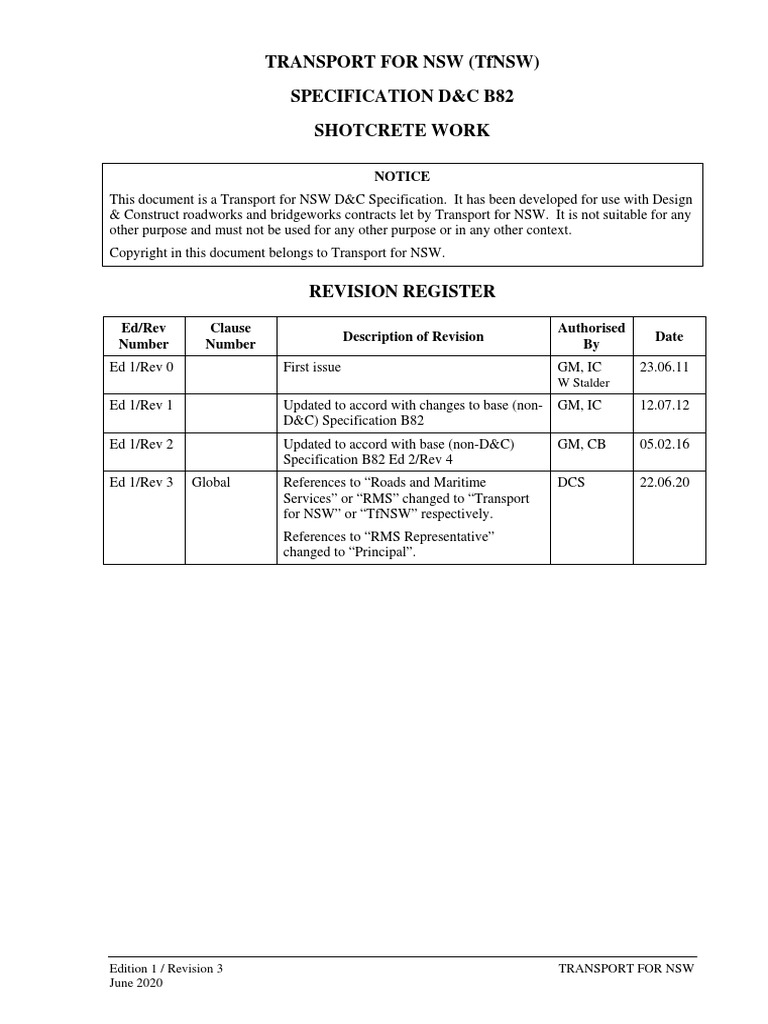 Transport For NSW (TFNSW) Specification D&C B82 Shotcrete Work | PDF