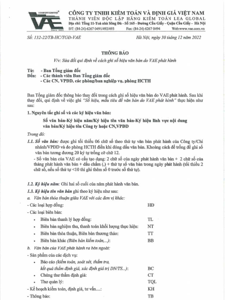 Thong Bao Sua Doi Quy Dinh Ve Cach Ghi So Hieu Van Ban Do VAE Phat Hanh | PDF