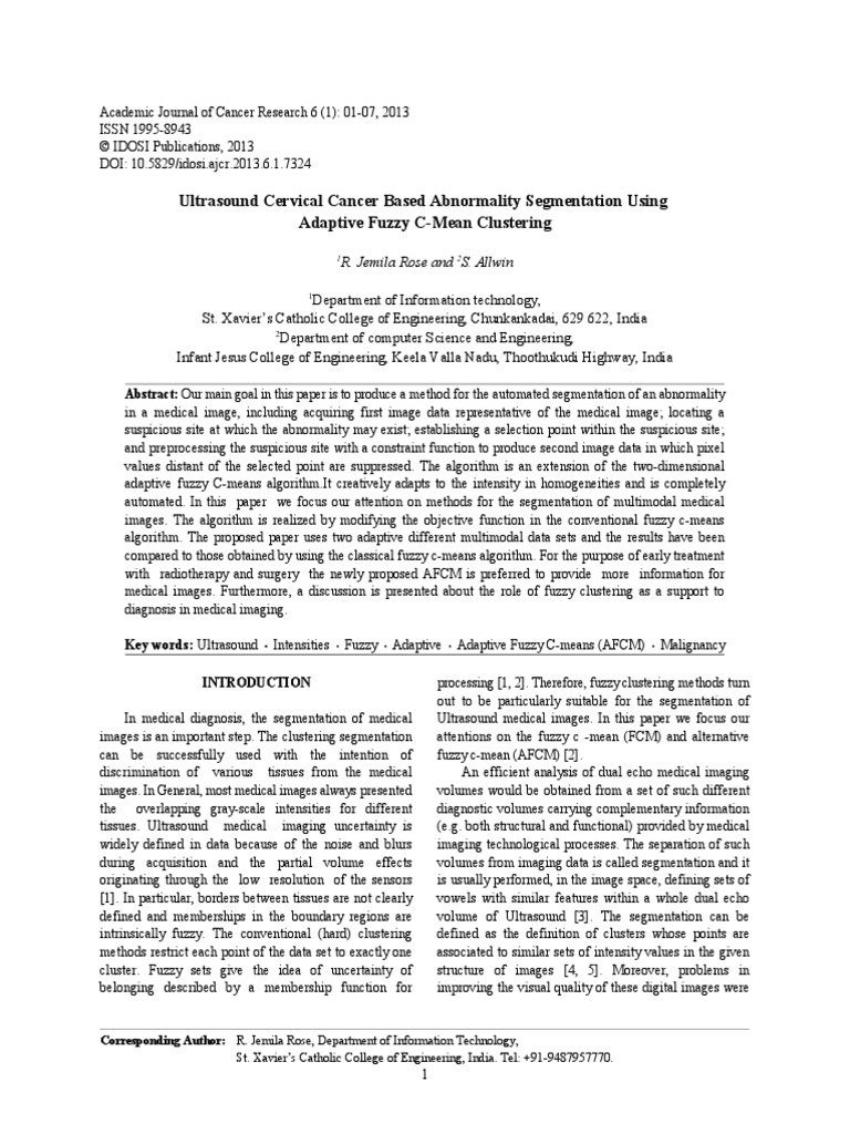 Ultrasound Cervical Cancer Based Abnormality Segmentation Using Adaptive Fuzzy C Mean Clustering