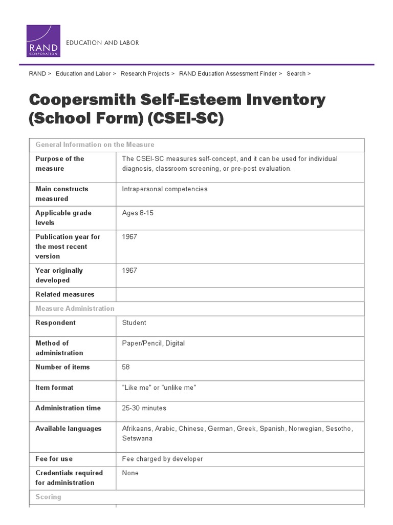 Coopersmith Self-Esteem Inventory (School Form) (CSEI-SC) - RAND | PDF ...