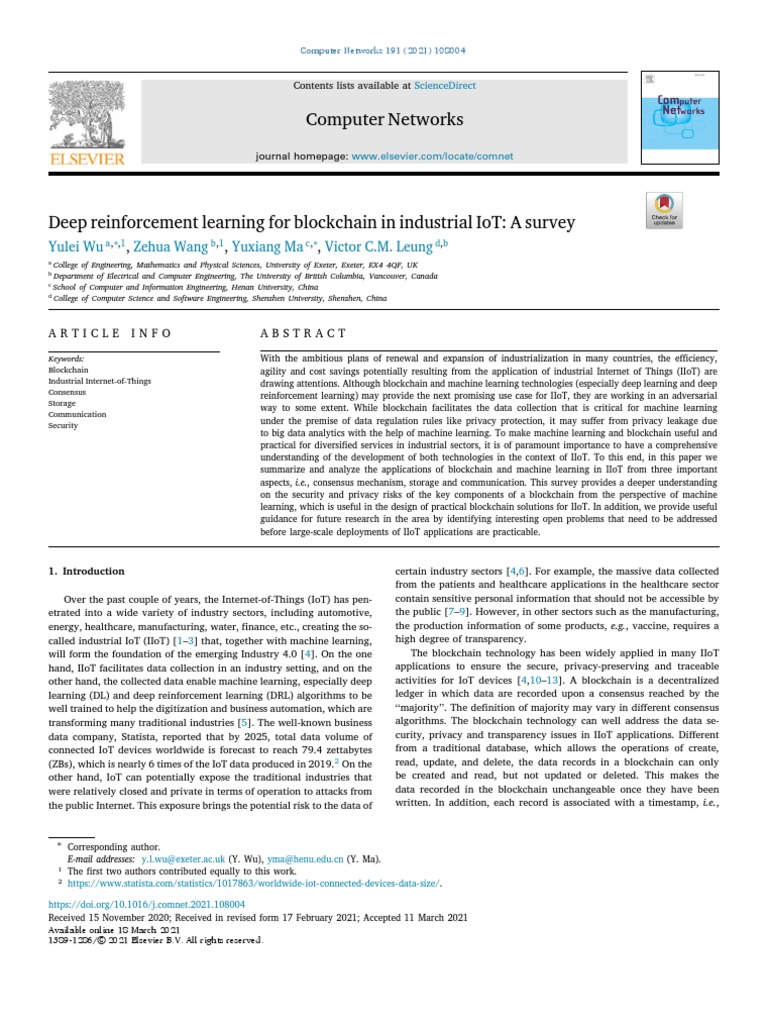 Deep Reinforcement Learning For Blockchain In Industrial Iot A Survey Pdf