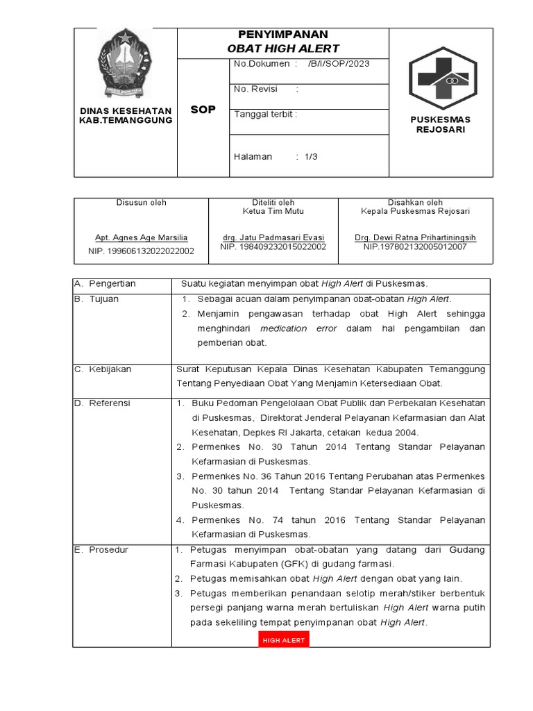 SOP Penyimpanan Obat High Alert | PDF