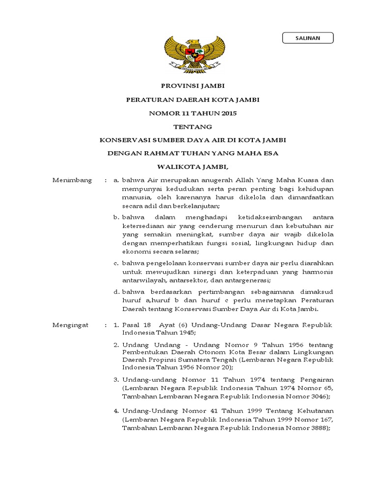 Perda 11 TH 2015 Konservasi Daya Air Di Kota Jambi | PDF