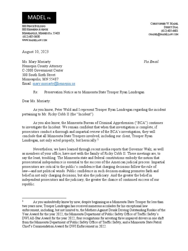 Letter To Hennepin County Attorney Mary Moriarty | PDF