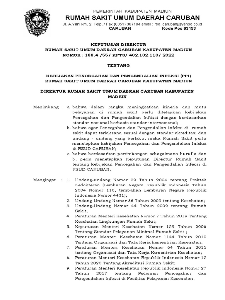 Kebijakan PPI RSUD Caruban Madiun 2022 | PDF