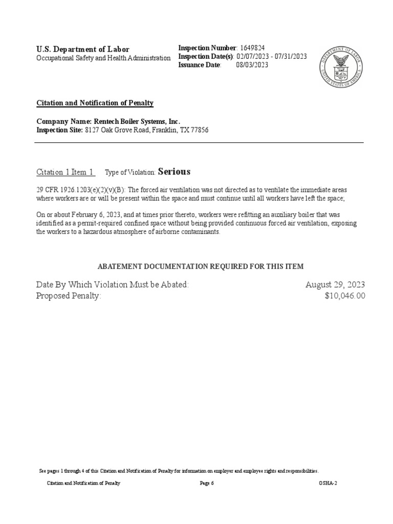 Rentech Boiler Systems, Inc. OSHA Citation and Notification of Penalty ...