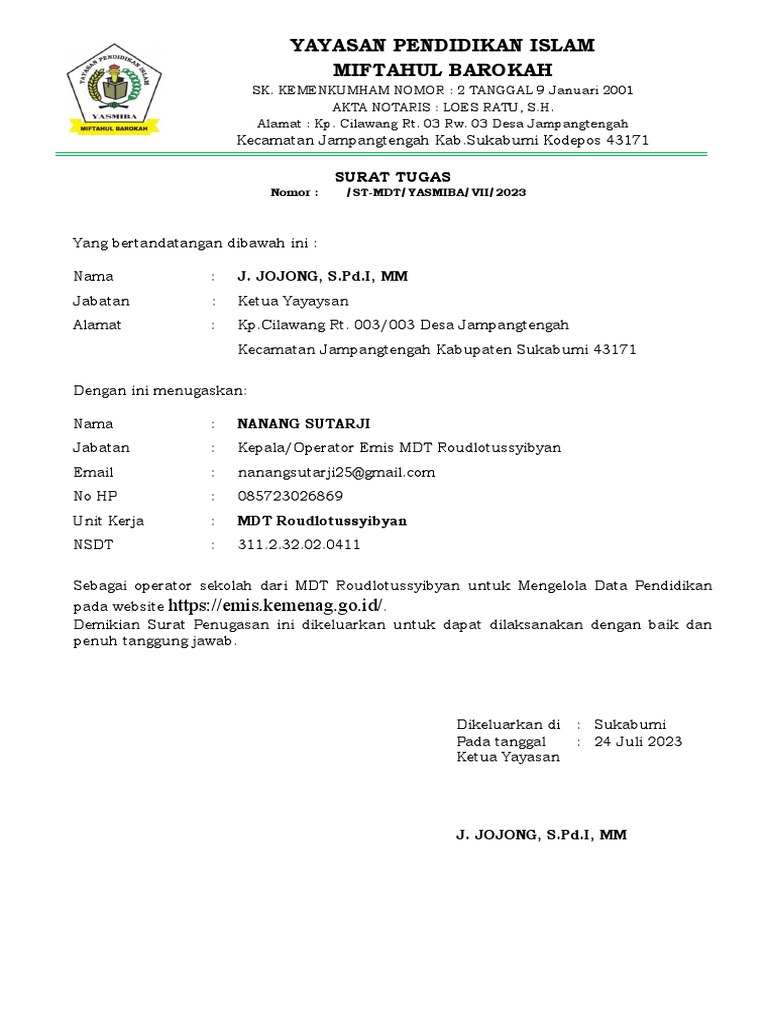 Contoh Surat Tugas Operator | PDF