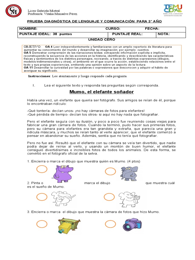 Prueba Diagnóstica de Lenguaje y Comunicación 2° (3°) | PDF