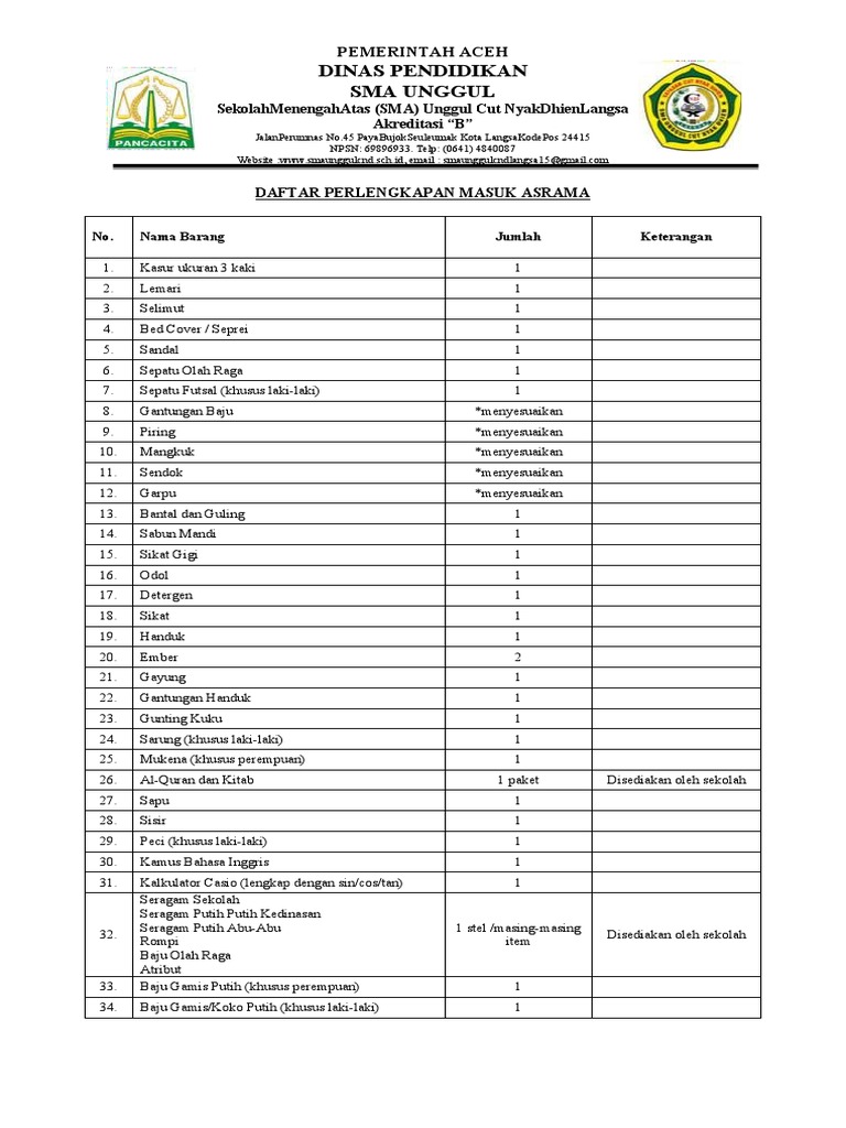 Daftar Perlengkapan Asrama SMA Unggul | PDF
