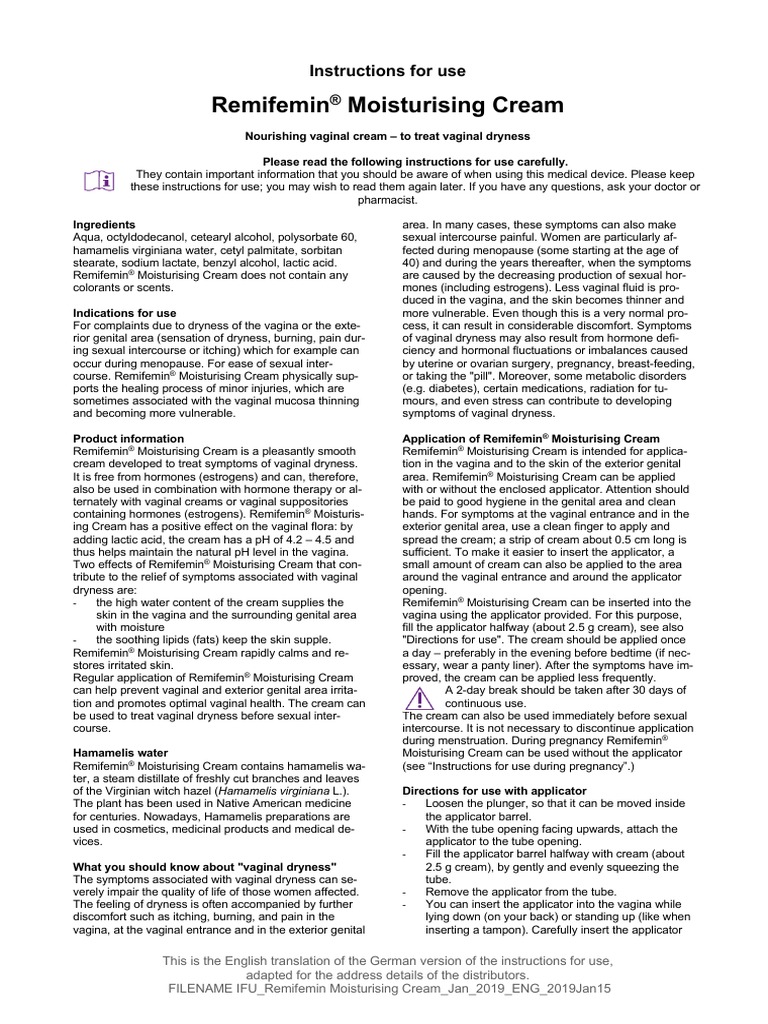 Instructions For Use Remifemin Moisturising Cream | PDF | Vagina | Condom
