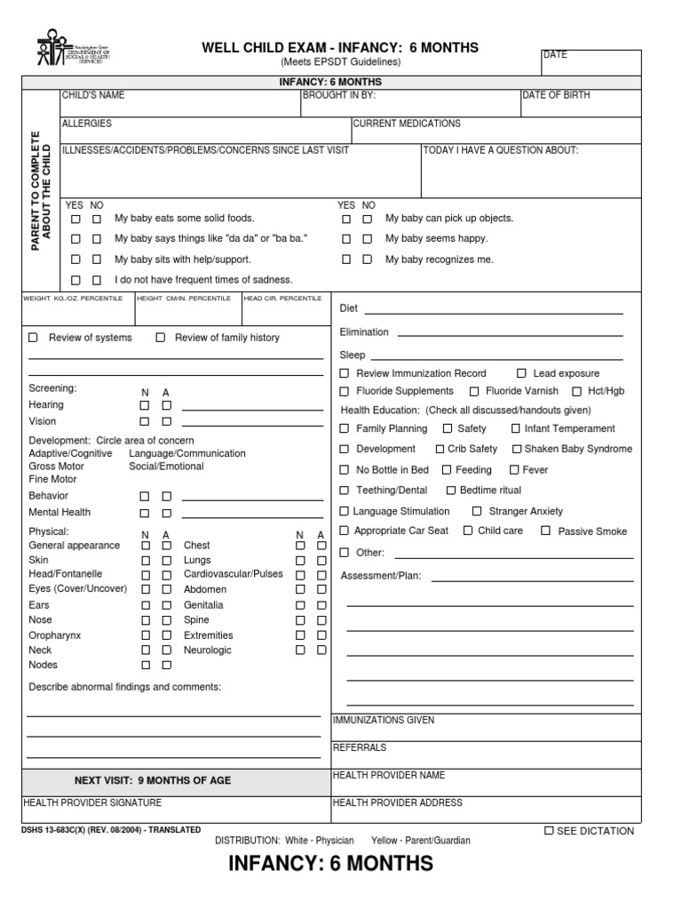 Physician's Well Child Exam Form 6 Months | PDF | Infants | Medical ...