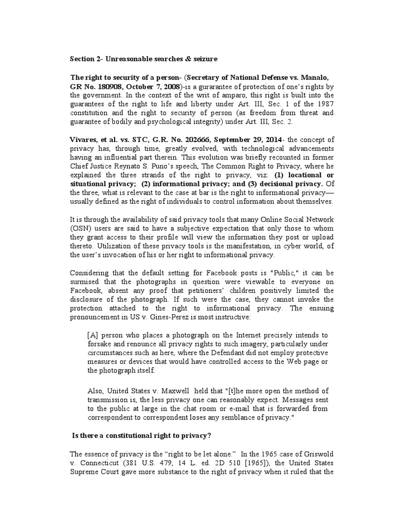 Notes On Right To Privacy Sections 2 3 Of Article Iii Pdf