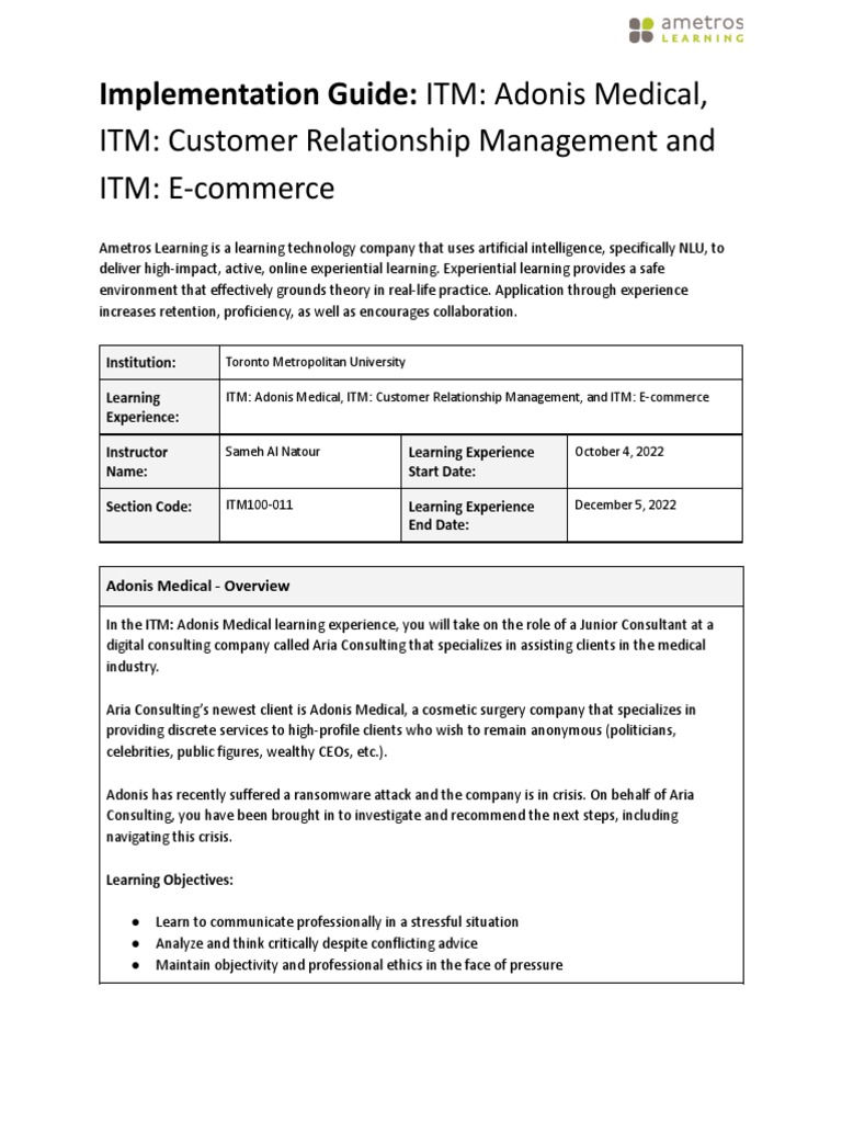 ITM Adonis, CRM and E-Commerce Implementation Guide Fall 2022 Section ...