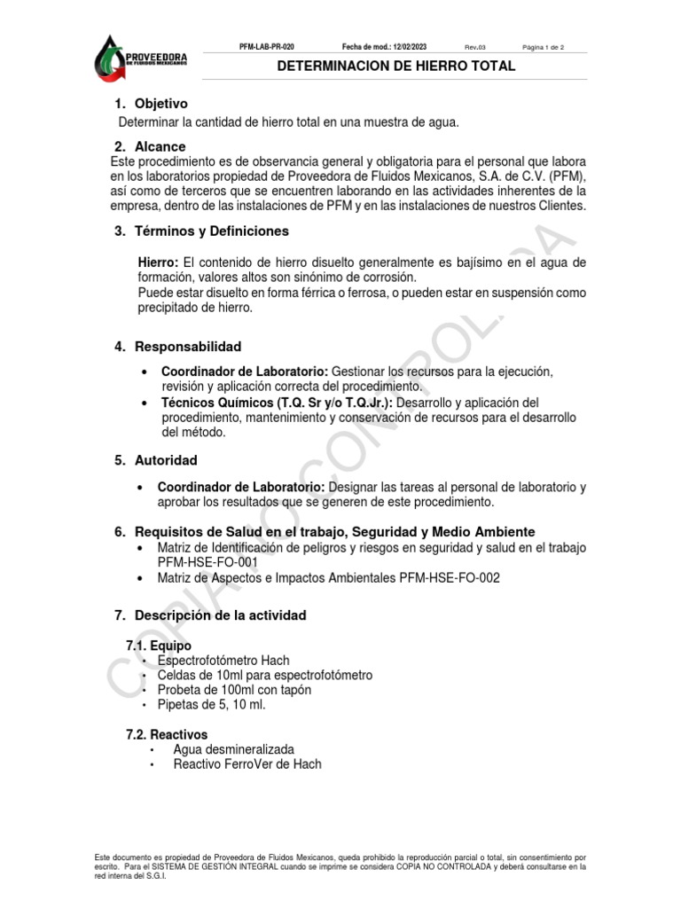 PFM-LAB-PR-020 Determinacion de Hierro Total | PDF | Laboratorios | Química