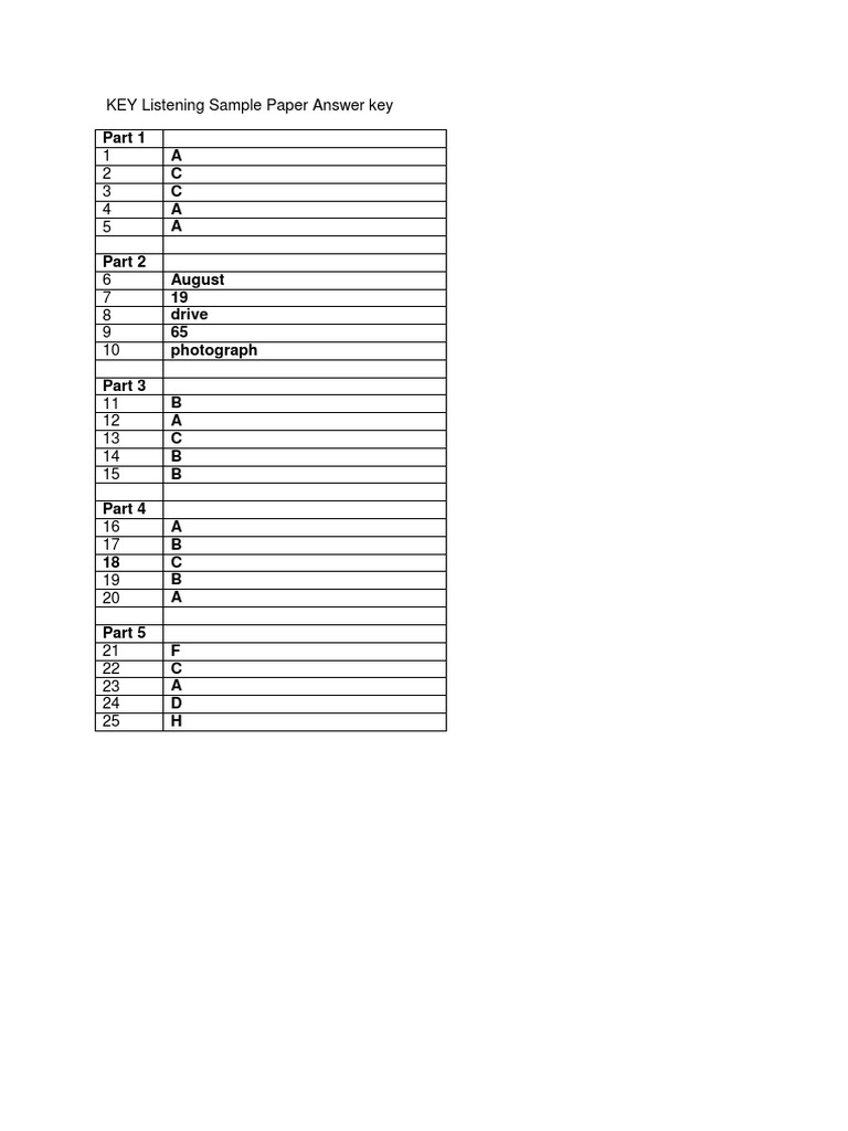 A2 Key 2020 Sample Tests Listening - Answer Key | PDF