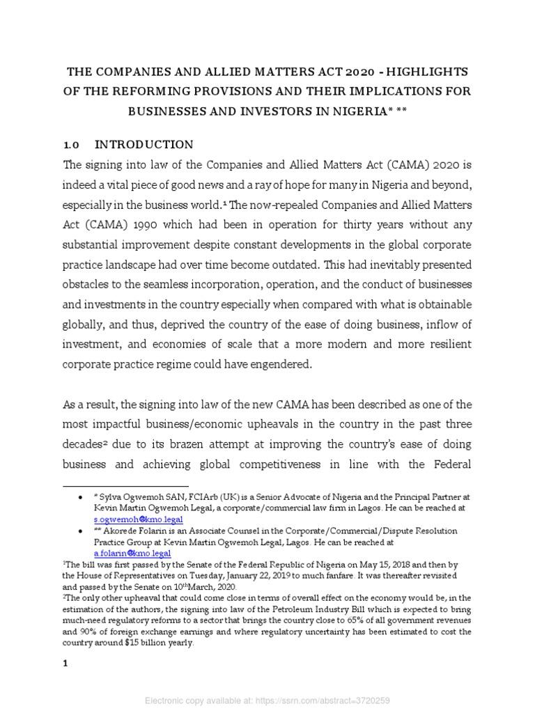 The Companies and Allied Matters Act 2020 - Highlights of The Reforming ...
