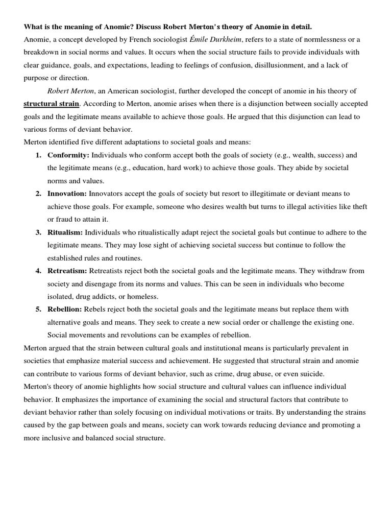 Robert Merton's Theory of Anomie | PDF