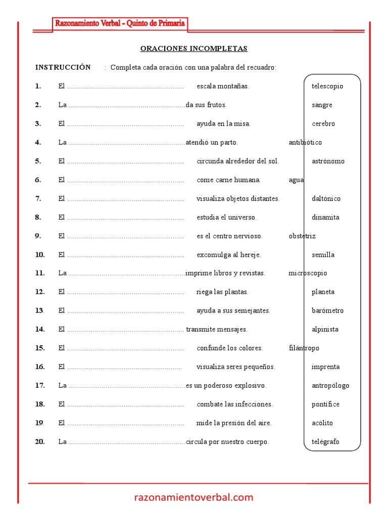 10 Oraciones Incompletas Quinto de Primaria | PDF