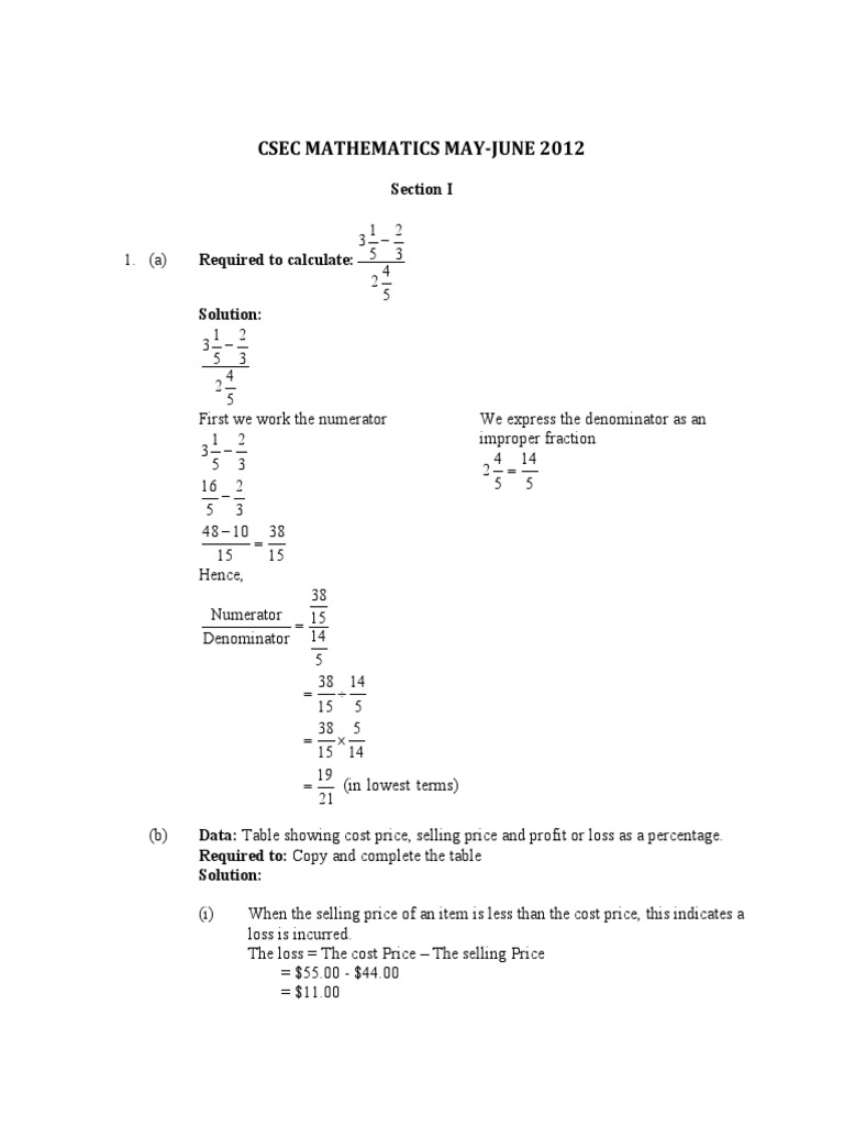 Csec Maths June 2012 Answers | PDF