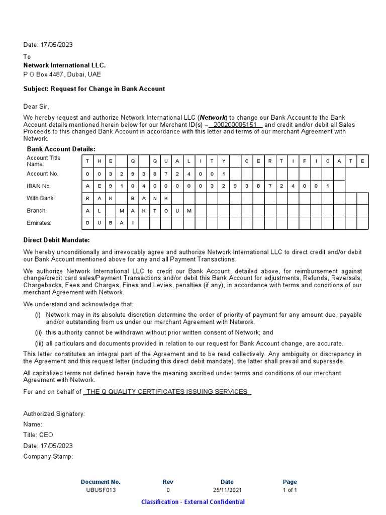 Merchant Request Letter Direct Debit Mandate Form | PDF | Debit Card | Credit Card