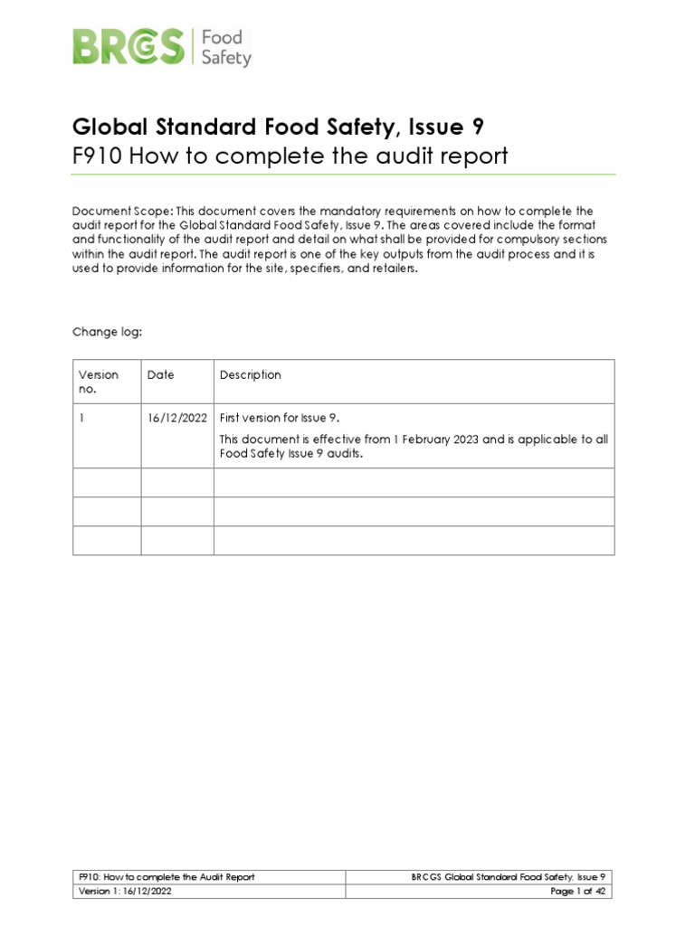 BRCGS Food Safety Audit Report Guide | PDF