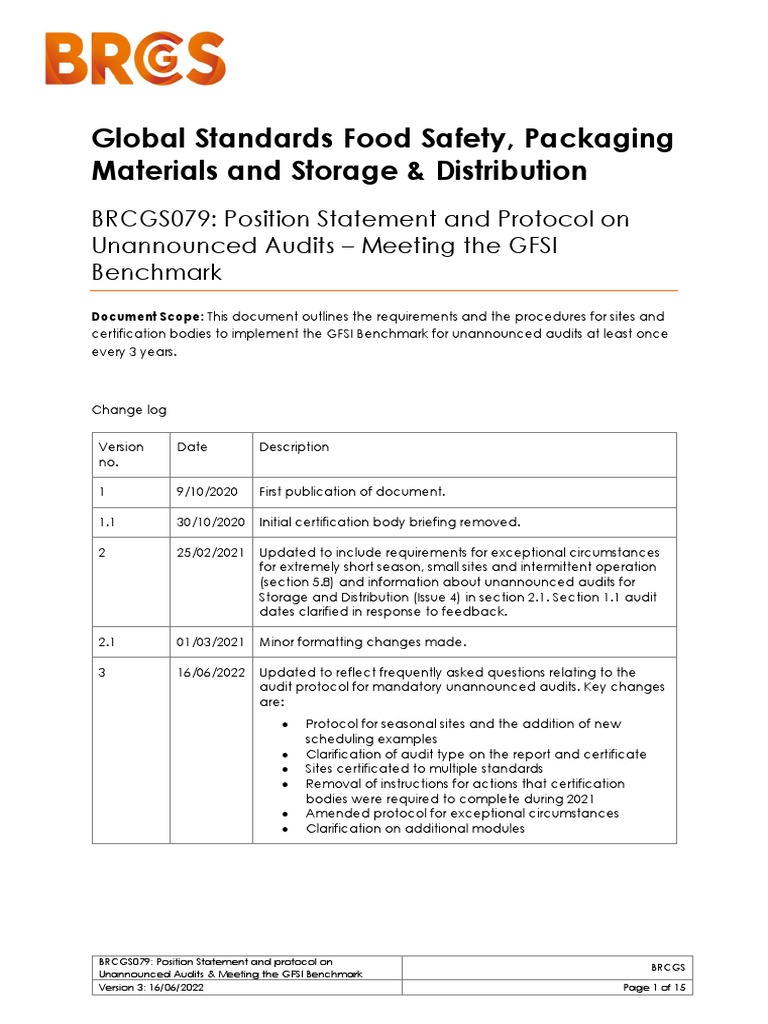 brcgs079 Position Statement and Protocol On Unannounced Audits Meeting The Gfsi Benchmark v3 ...