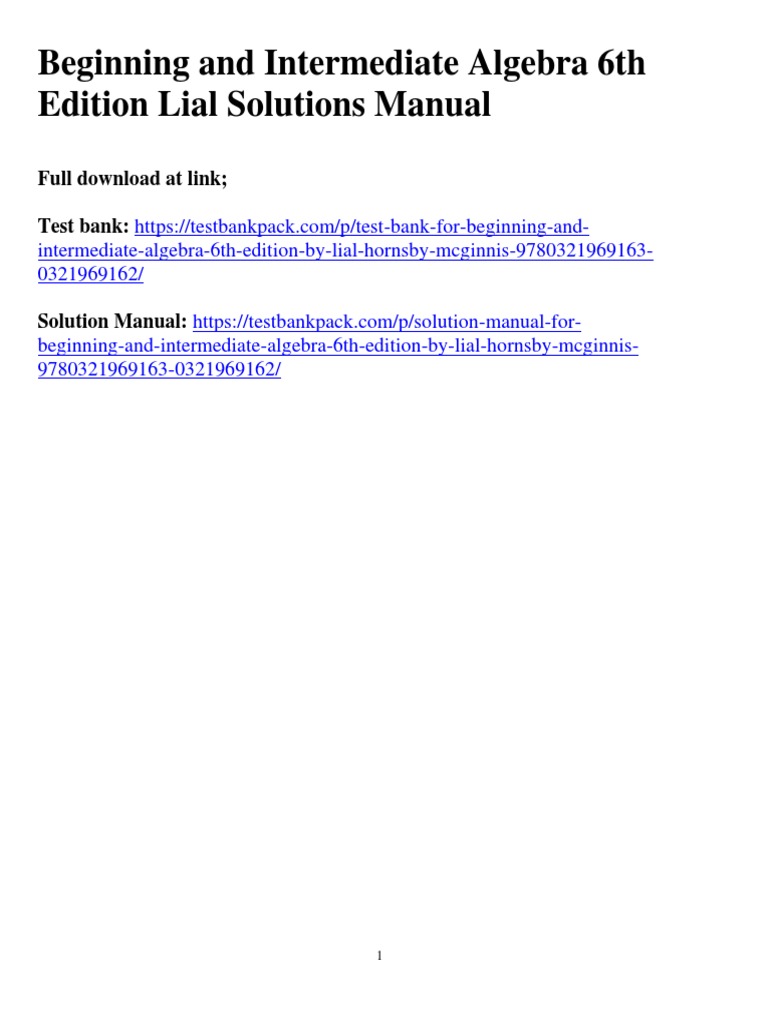 Beginning and Intermediate Algebra 6th Edition Lial Test Bank Download ...