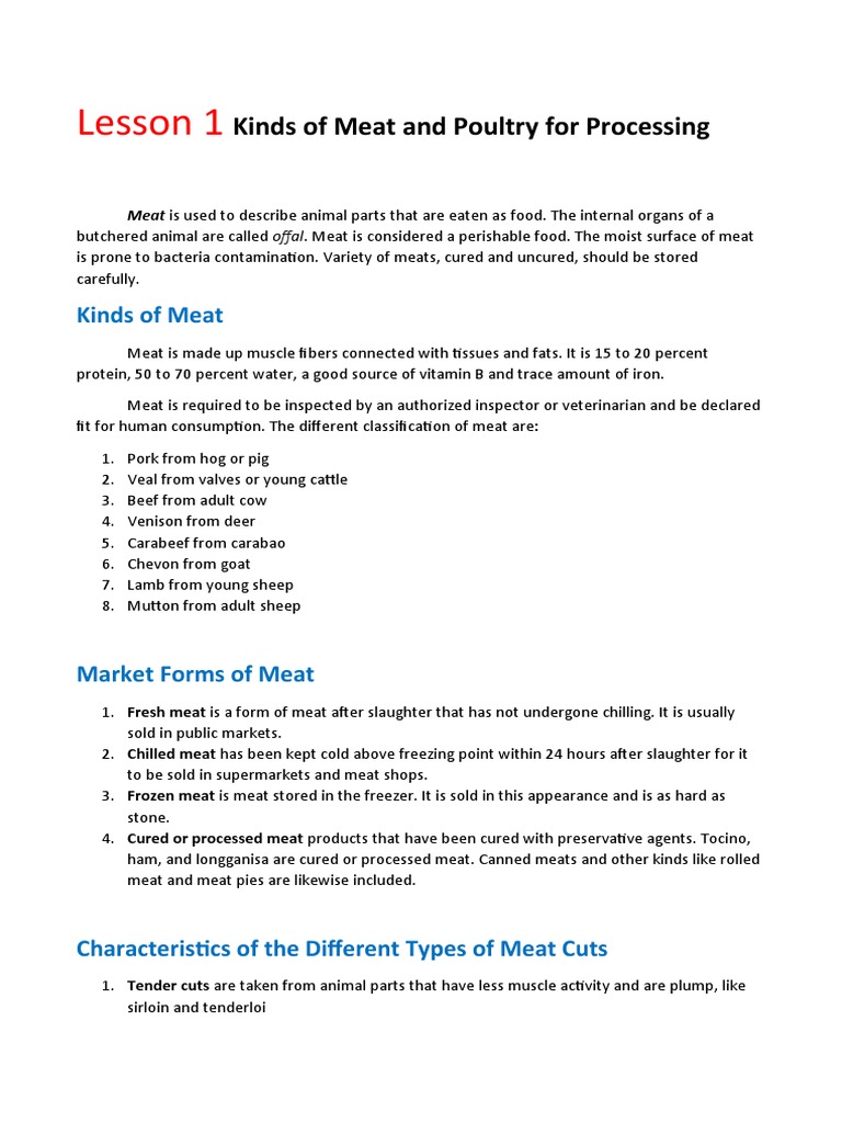 Lesson 1 Kinds of Meat and Poultry For Processing | PDF