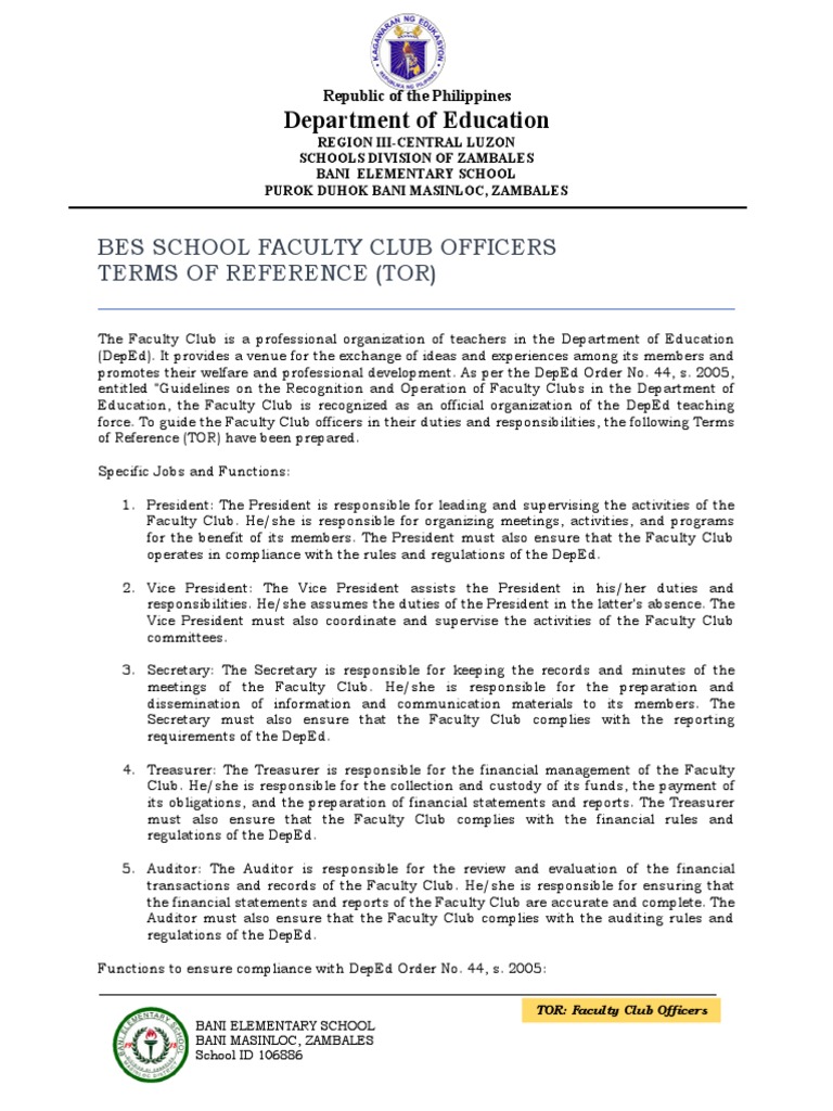 School Faculty Club Officers Tor | PDF | Regulatory Compliance | Audit