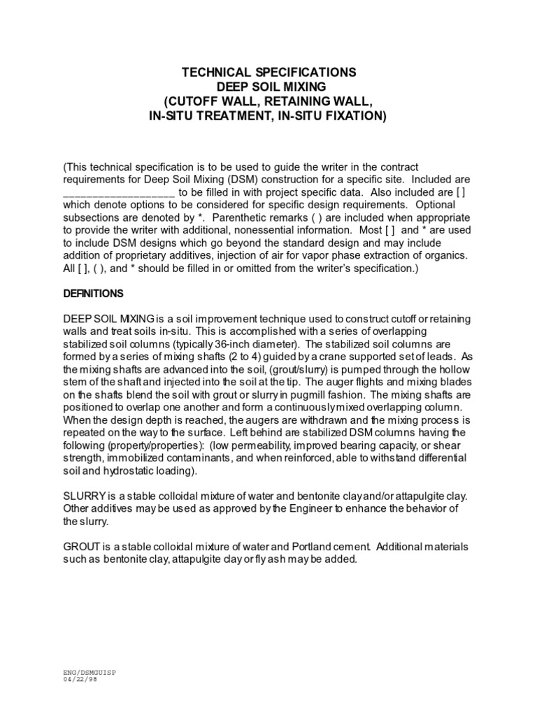 Deep Soil Mixing Technical Specifications | PDF | Cement | Geotechnical ...